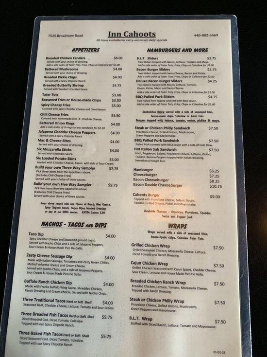Menu at Inn Cahoots Bar, Seven Hills