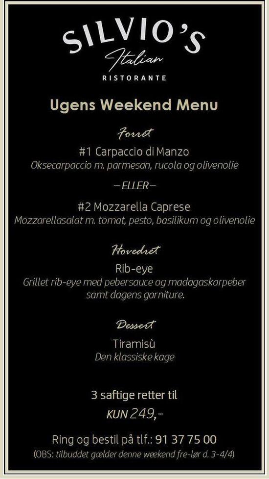 Menu at Silvio's Ristorante restaurant, Holstebro