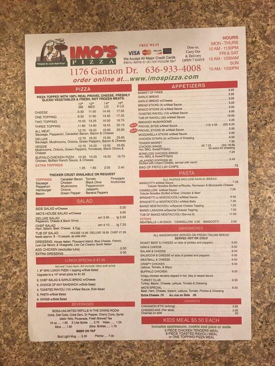Menu at Imo's Pizza pizzeria, Festus