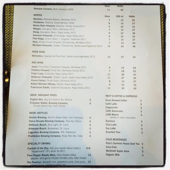 Menu at Monterey Bay Aquarium Restaurant, Monterey, 886 Cannery Row