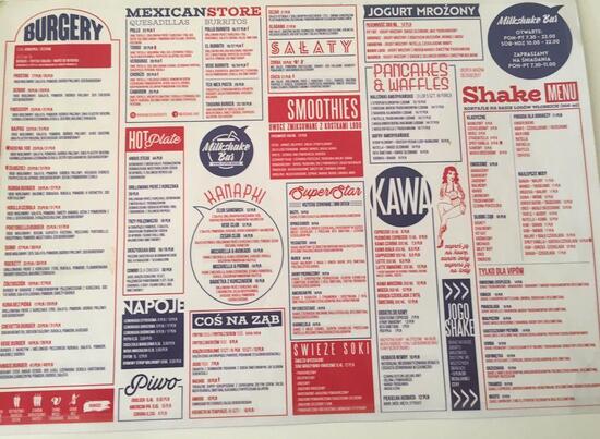 Menu at Milkshake Bar, Slupsk