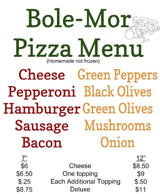 Menu at Bole Mor Lanes, Pipestone