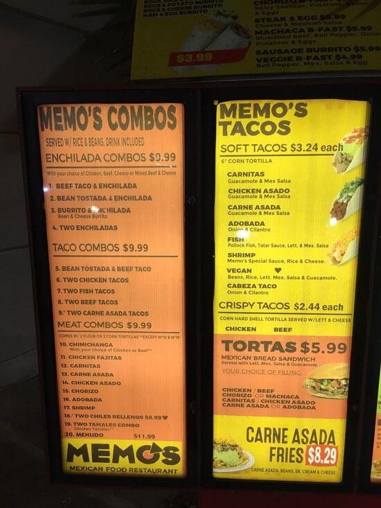 Menu at Memo's fast food, Auburn