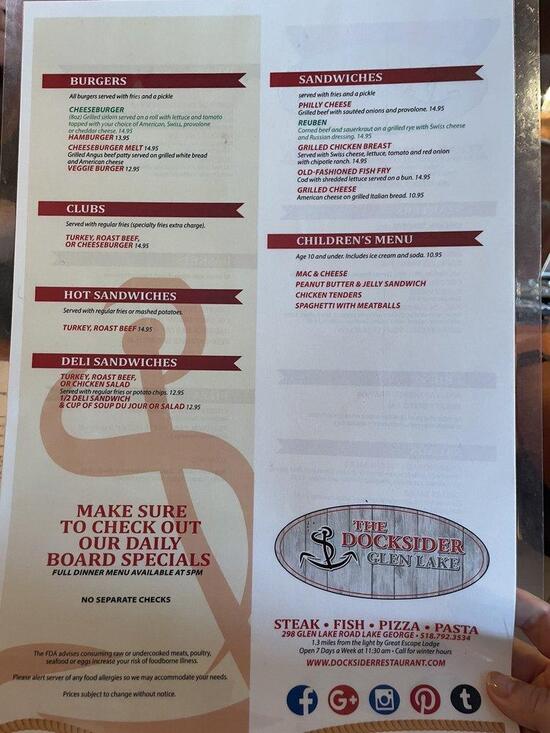 Menu at The Docksider pub & bar, Queensbury, 298 Glen Lake Road