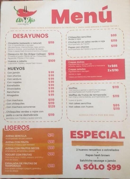 Menu at Ah jijo restaurant, Mexicali