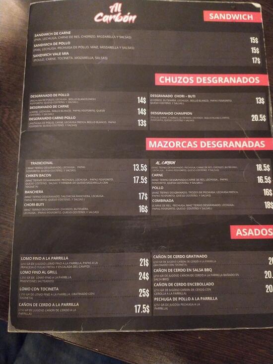 Menu at Al Carbon restaurant, Colombia, Cq. 1 #74-20