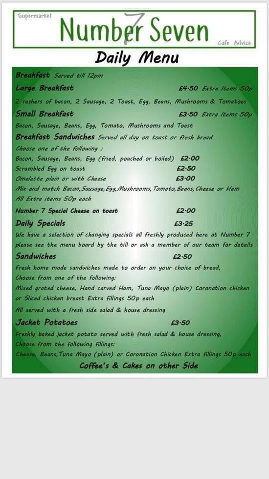 Menu at Number Seven cafe, Birkenhead