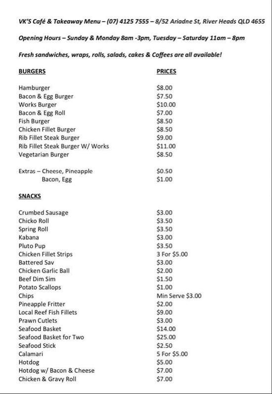 Menu at River Heads Cafe and Take Away, River Heads