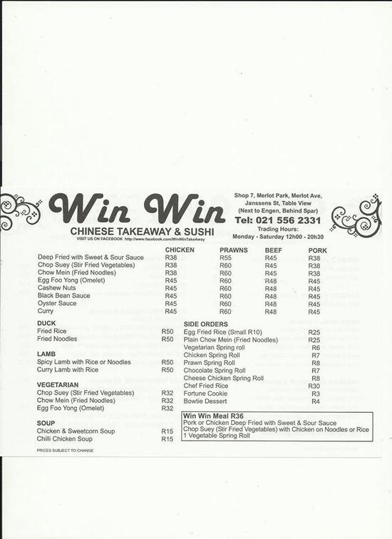 Menu at Win Win Chinese Take Away restaurant, Cape Town