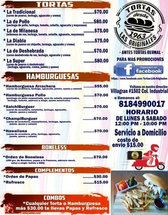 Menu at Tortas Las Originales restaurant, Monterrey