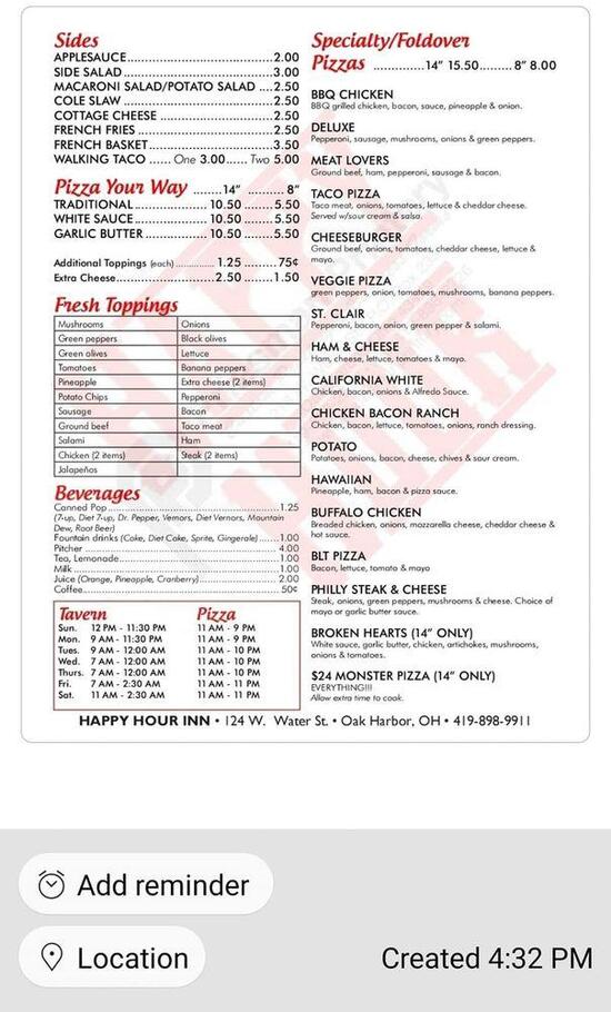Menu at Happy hour inn pub & bar, Oak Harbor