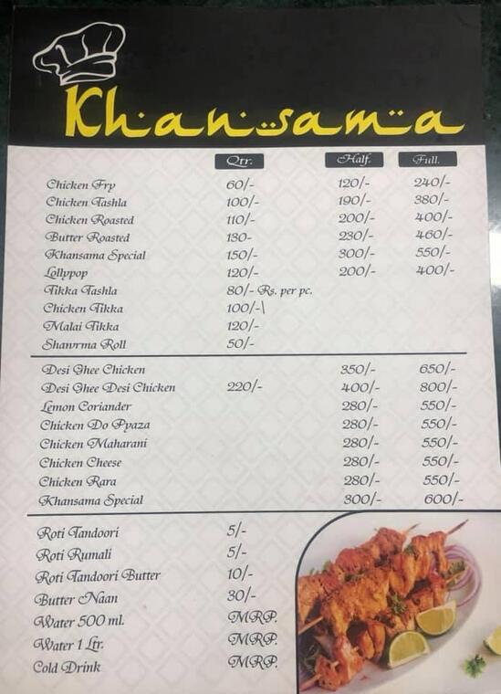 Menu at Khansama, India