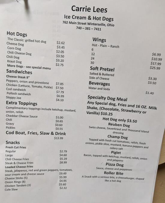 Menu at Carrie Lee's Ice Cream and Hot Dogs restaurant, Wintersville