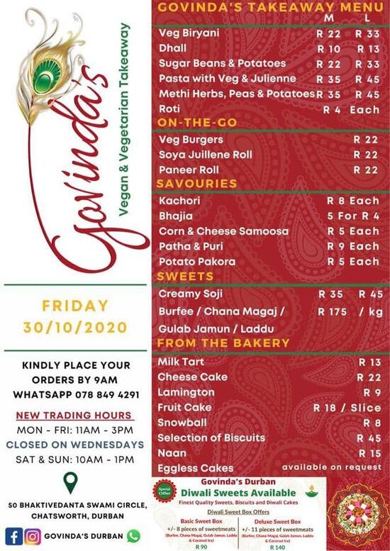 Menu at Govinda's Restaurant Durban & Radhanath's Gifts, Durban