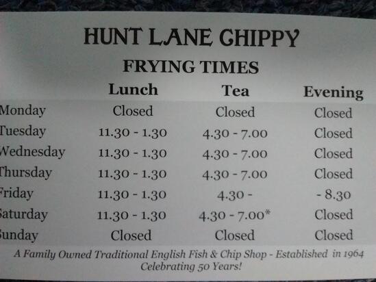 Menu at Hunt Lane Chippy restaurant, Oldham