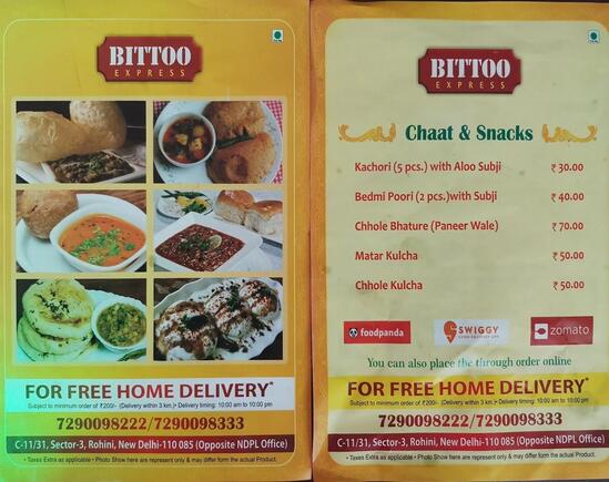 Menu at BITTOO XPRESS, Delhi