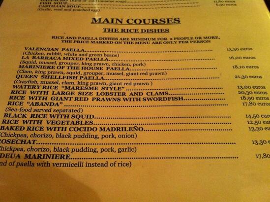 Menu at La Barraca, Madrid, C. de la Reina