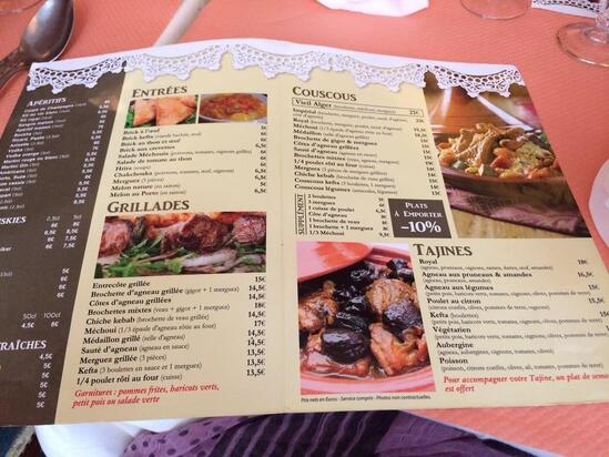 Menu at Le Vieil Alger restaurant, Paris