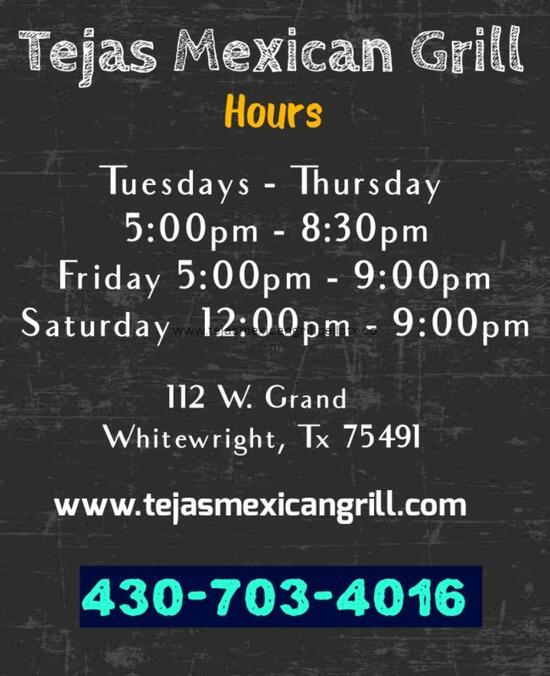 Menu at Tejas Mexican Grill restaurant, Whitewright