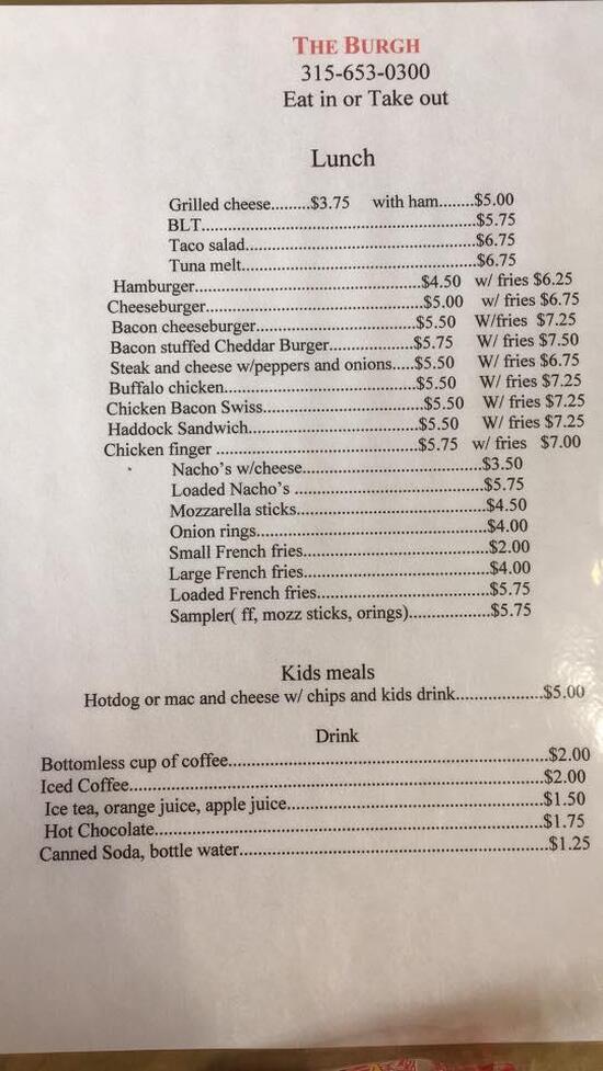 Menu at The Burgh restaurant, South Otselic