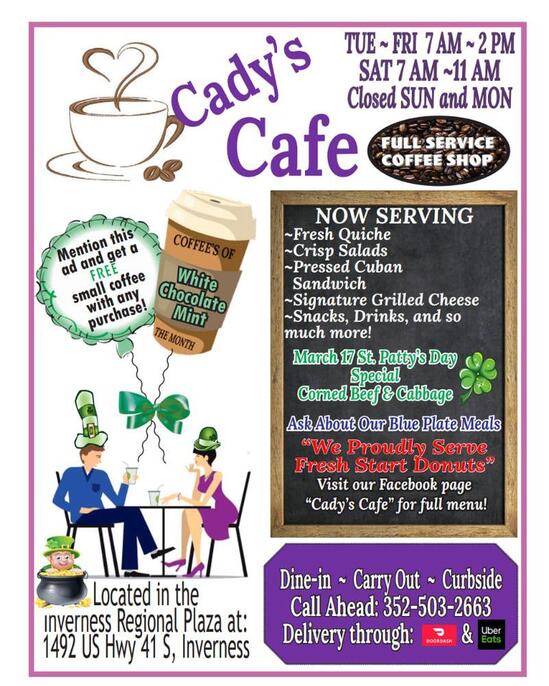 Menu at Cady's Cafe, Inverness