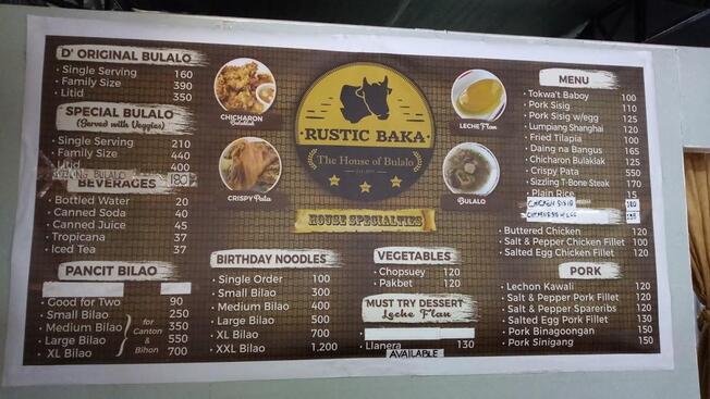 Menu at Rustic Baka restaurant, San Juan
