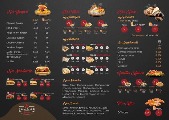 Menu au Le jaguar restaurant, Somain