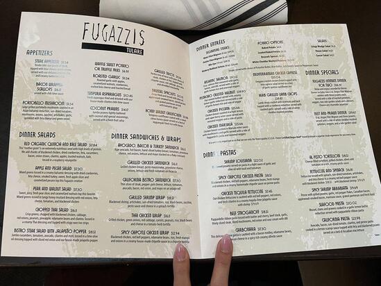 Menu at Fugazzis restaurant, Tulare, E Prosperity Ave