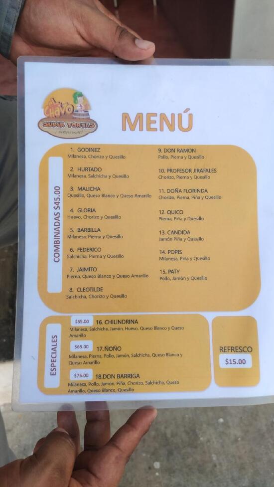Menu at Super Tortas "El Chavo" restaurant, Juchitán de Zaragoza