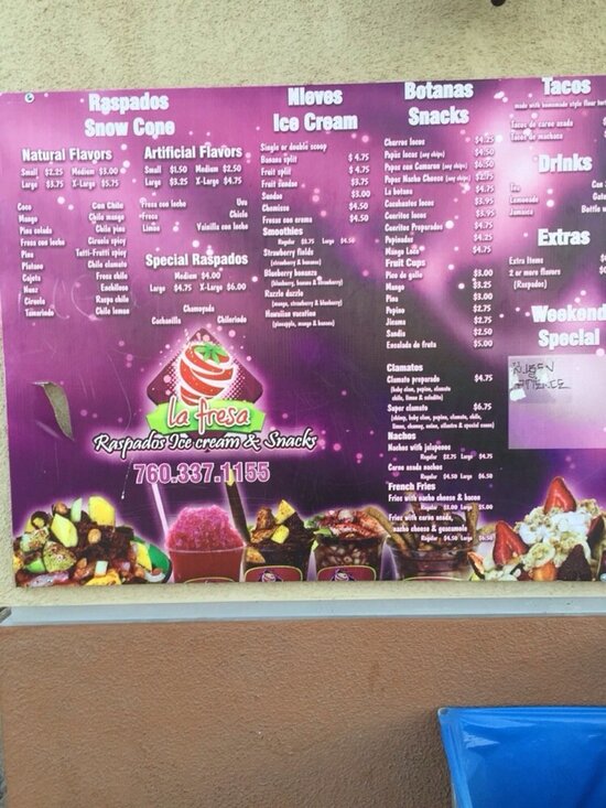 Menu at La Fresa Raspados Ice Cream desserts, El Centro, W Adams Ave