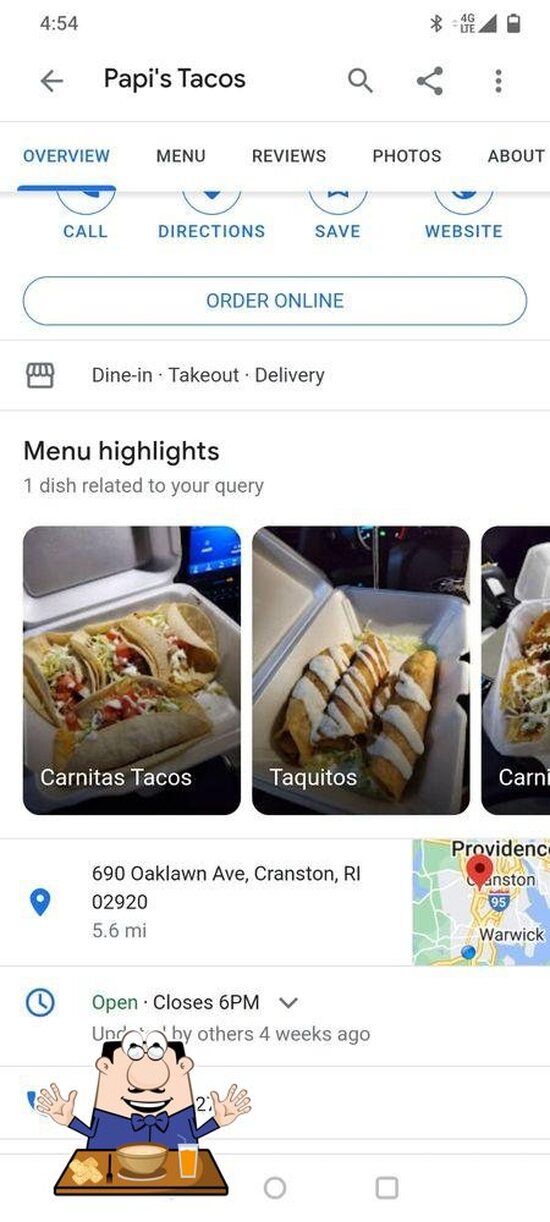 Menu at Papi's Tacos restaurant, Cranston, 690 Oaklawn Avenue