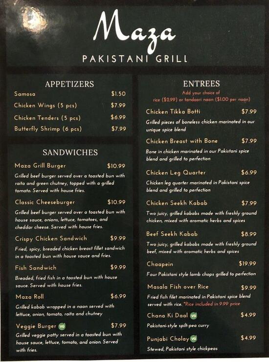 Menu at Maza restaurant, Houston