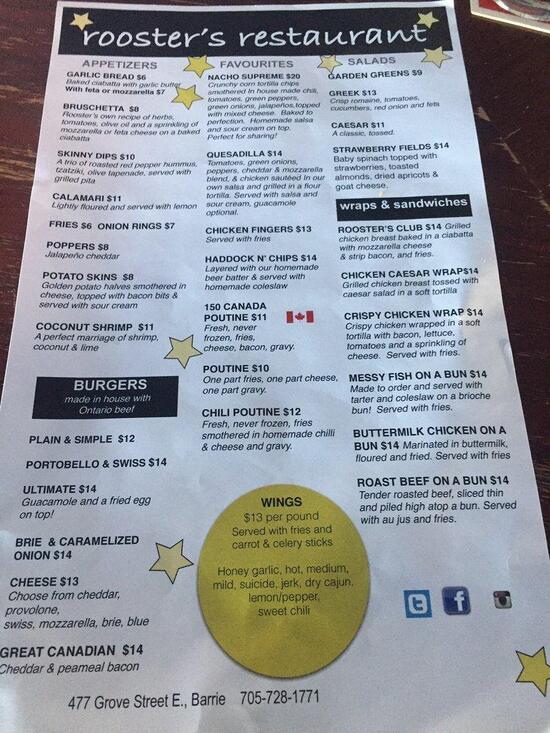 Menu at Rooster's pub & bar, Barrie