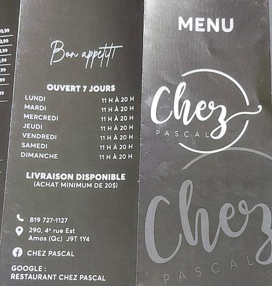 Menu au Restaurant chez Pascal, Amos