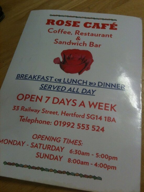 Menu at Rose Cafe, Hertford