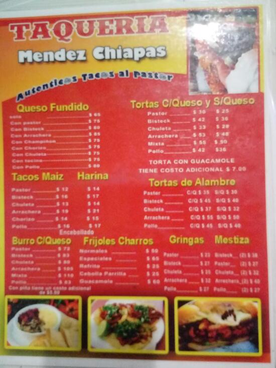 Menu at Taquería Méndez Chiapas restaurant, Merida, Local 2