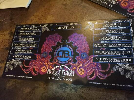 Menu at Deadbeach Brewery restaurant, El Paso