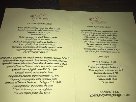 Carta del restaurante Osteria Ca' del Vento, Venecia