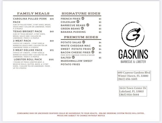 Gaskins Barbecue and Lobster, Lakeland - Restaurant menu, prices and ...