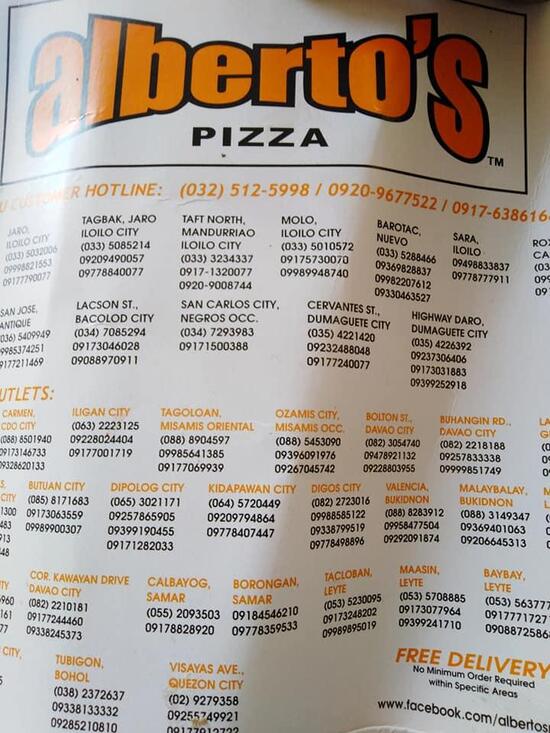 Menu at Alberto's Pizza restaurant, Bacolod, MXH5+FXH