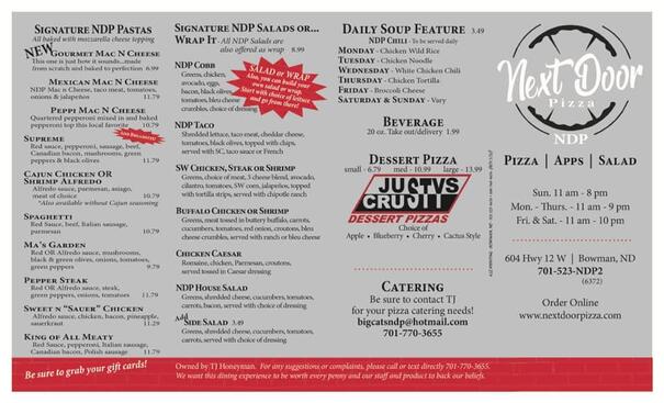 Menu at Next Door Pizza Too restaurant, Bowman