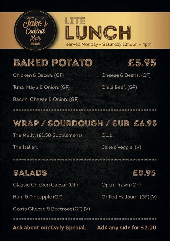 Menu at Jakes Cocktail Bar And Grill, Antrim