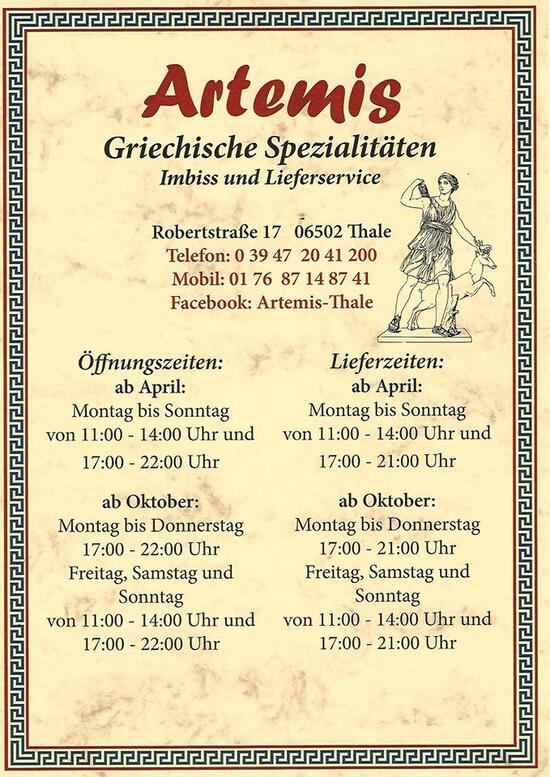 Menu at Artemis restaurant, Thale