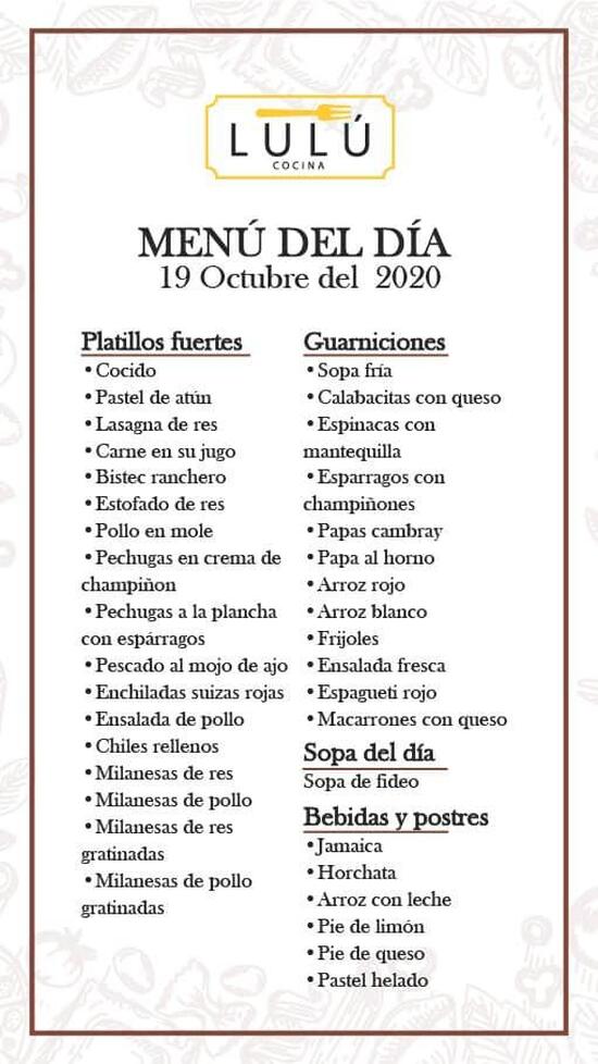 Menu at Cocina Lulú restaurant, Hermosillo