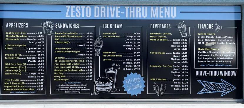 Menu at Zesto Drive-In restaurant, Watertown