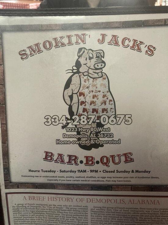 Menu at SMOKIN' JACK'S B-B-Q BBQ, Demopolis