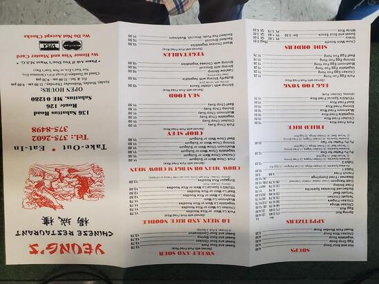 Menu at Yeung's restaurant, Sabattus
