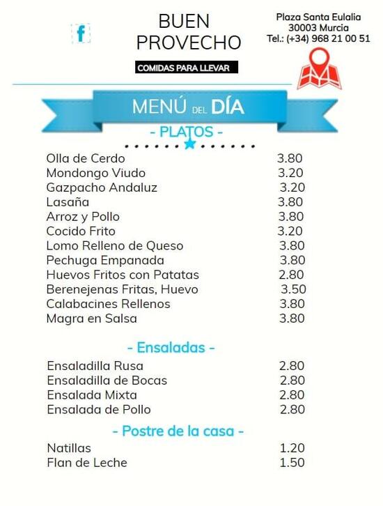 Menu at Buen Provecho restaurant, Murcia