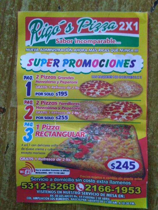 Menu at Rigos Pizza restaurant, Naucalpan, Av. de los Arcos 64