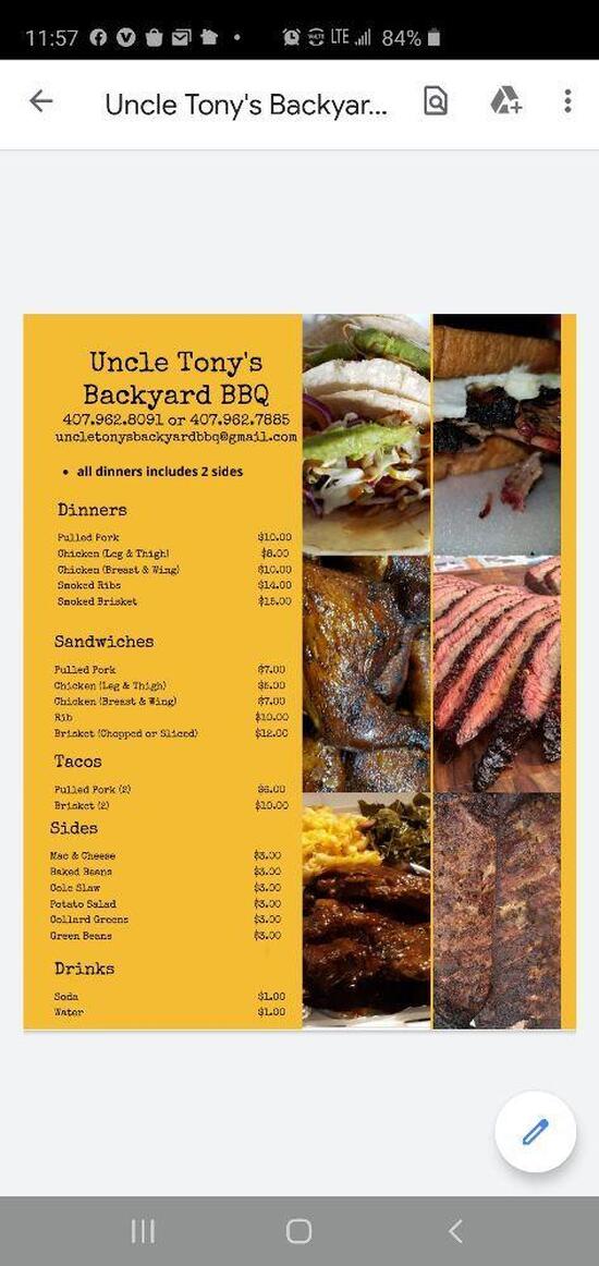 Menu at Uncle Tony's Backyard BBQ, Orlando, South Orange Ave Ste B